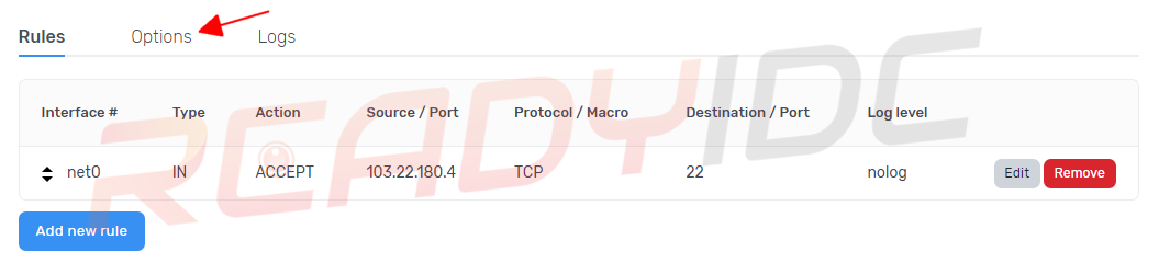 ขั้นตอนการเปิดใช้งาน Firewall Rules - ReadyIDC : Service 24 Hour Support